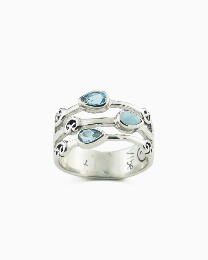 Triple Band Ring with Three Stones - Larimar/Hampton Blue Topaz - Vibe ...
